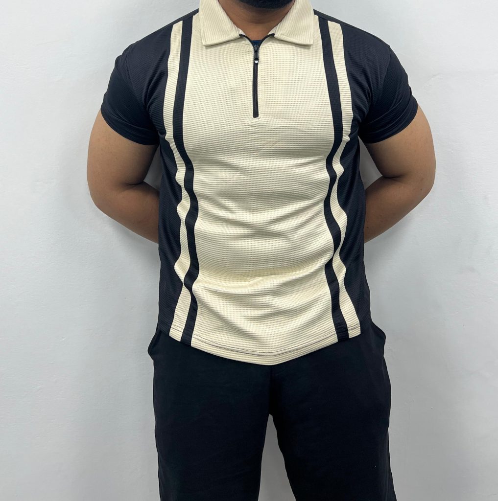 Men’s Knitted Polo T-Shirt – Black & Grey Striped – Zahian Clothings